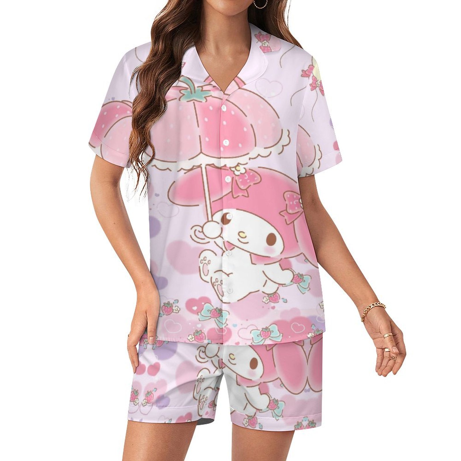 Kuromi And My Melody Women Pajamas Set Short Sleeve Sleepwear Button ...