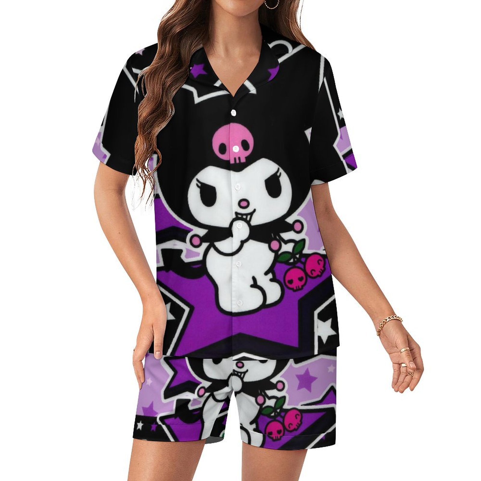 Kuromi And My Melody Women Pajamas Set Short Sleeve Sleepwear Button ...