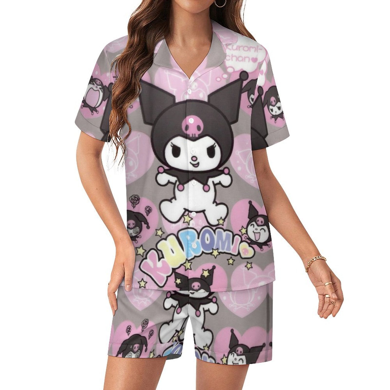 Kuromi And My Melody Women Pajamas Set Short Sleeve Sleepwear Button ...