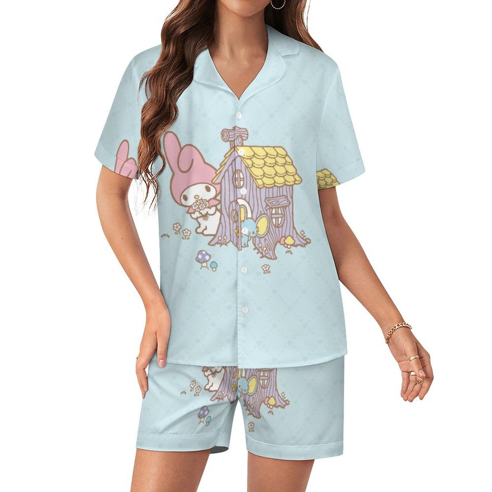 Kuromi And My Melody Women Pajamas Set Short Sleeve Sleepwear Button ...