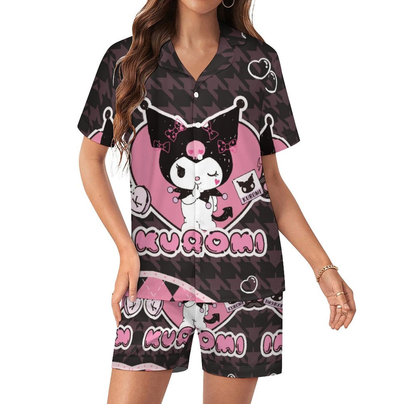 Kuromi And My Melody Women Pajamas Set Short Sleeve Sleepwear Button ...