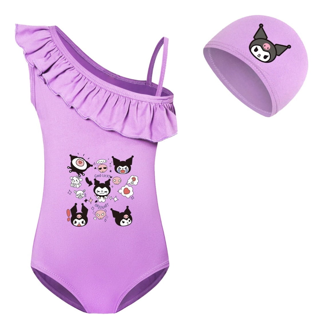Kuromi Character Girls Swimsuit with Swim Hat – Kids One-Shoulder ...