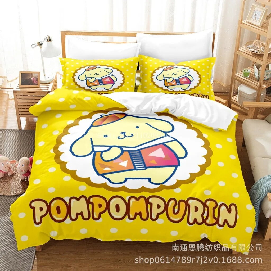 Kuromi Hello Kitty Bedding Set Cartoon Pompom Purin Comforter Duvet ...
