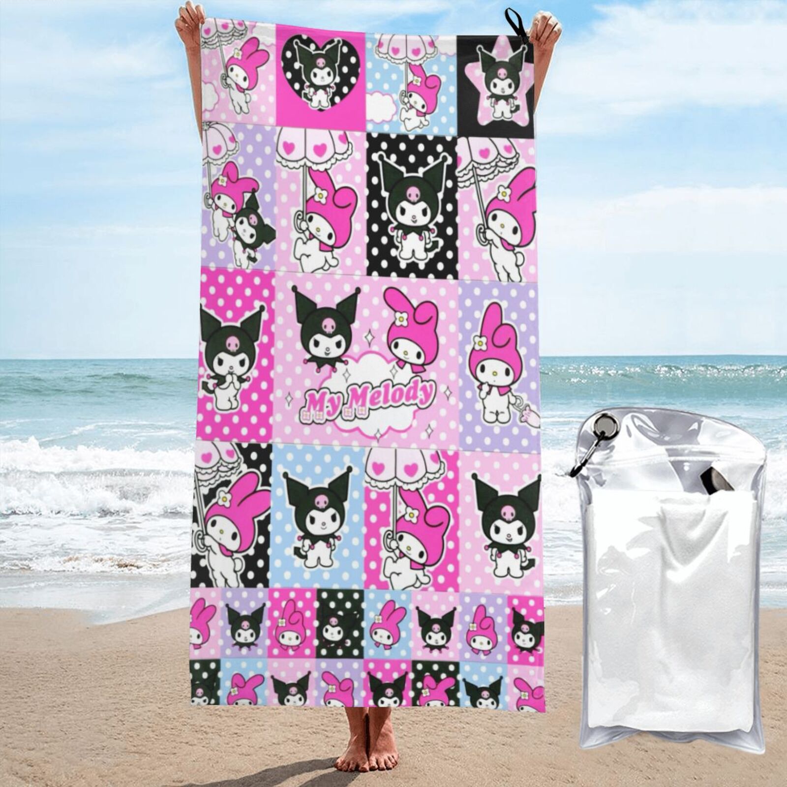 Kuromi And Melody Beach Towel Absorbent Large Towel 3D Cartoon Towel ...
