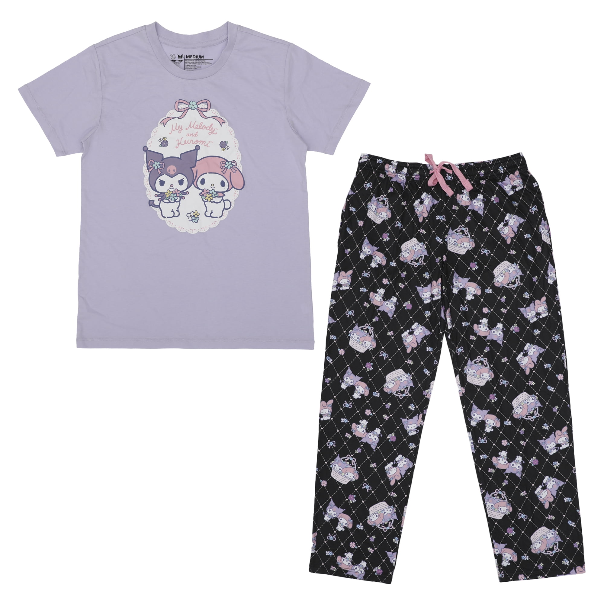 Bioworld Kuromi and My Melody Sleepwear Set, Lavender Shirt and Black ...