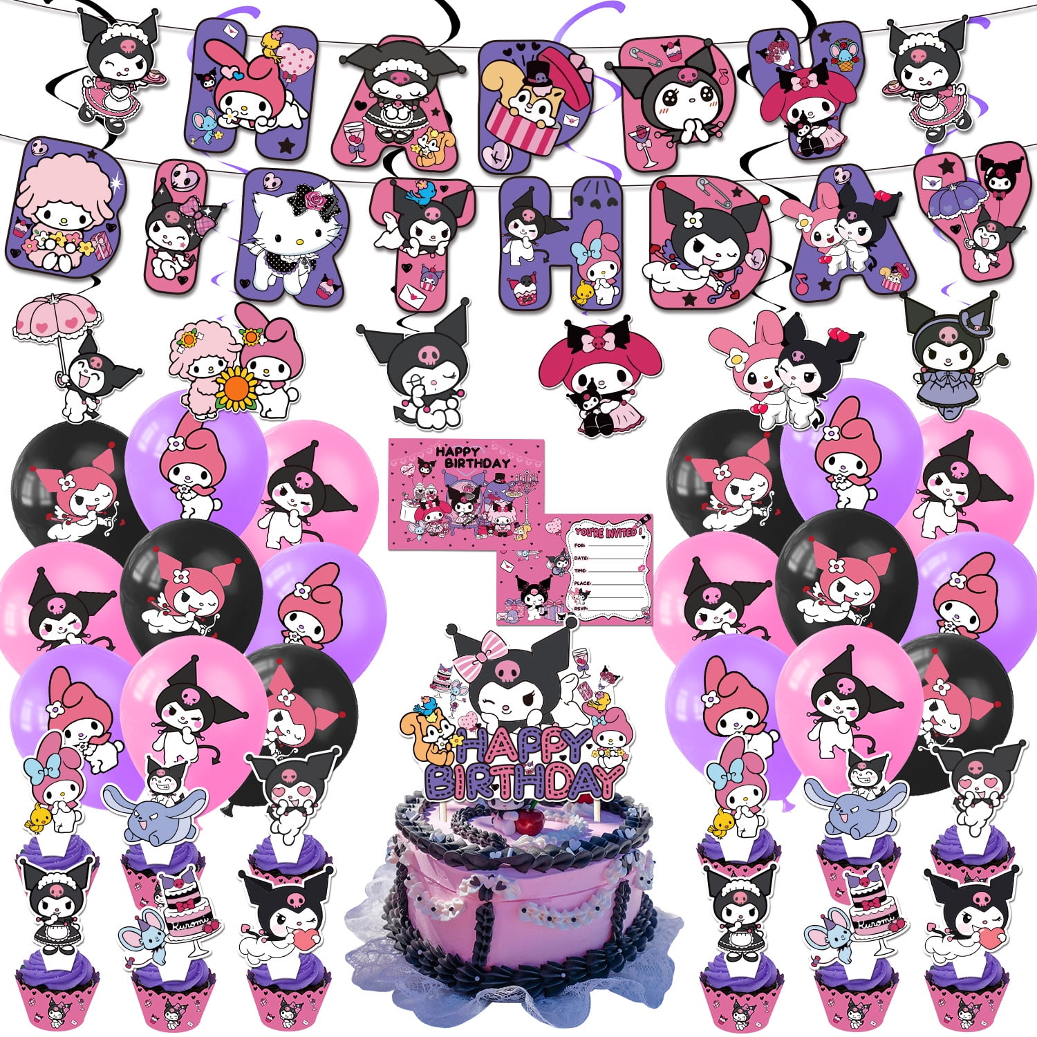 Kuromi Party Decorations Birthday Banner Cake Topper 6 Hanging Swirls ...