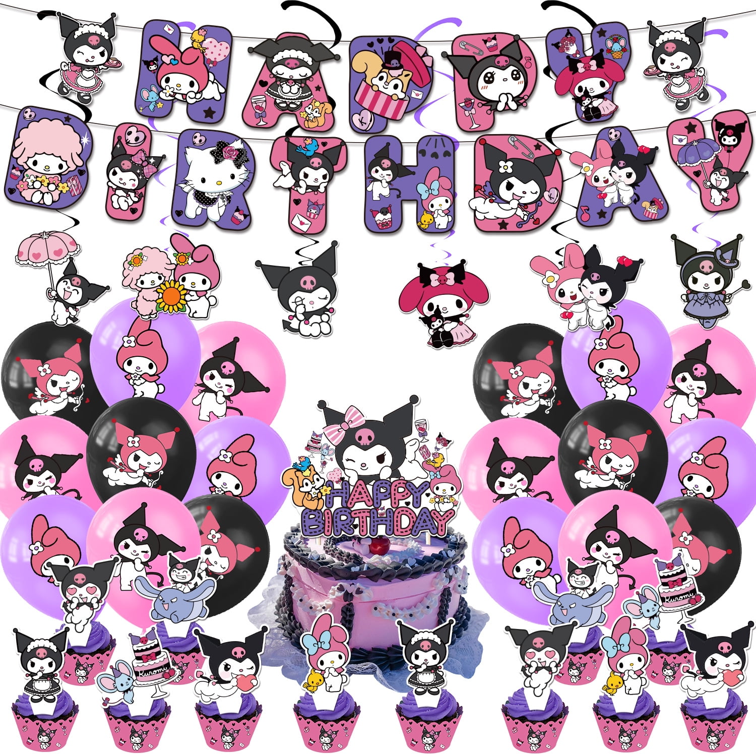 Kuromi Party Decorations Birthday Banner Cake Topper 6 Hanging Swirls ...
