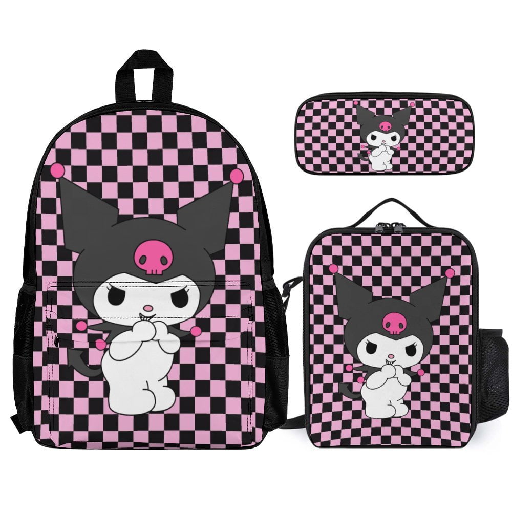 Kuromi Pink Skull Backpack 3 Pieces Set With Lunch Bag Pencil Case Pen ...