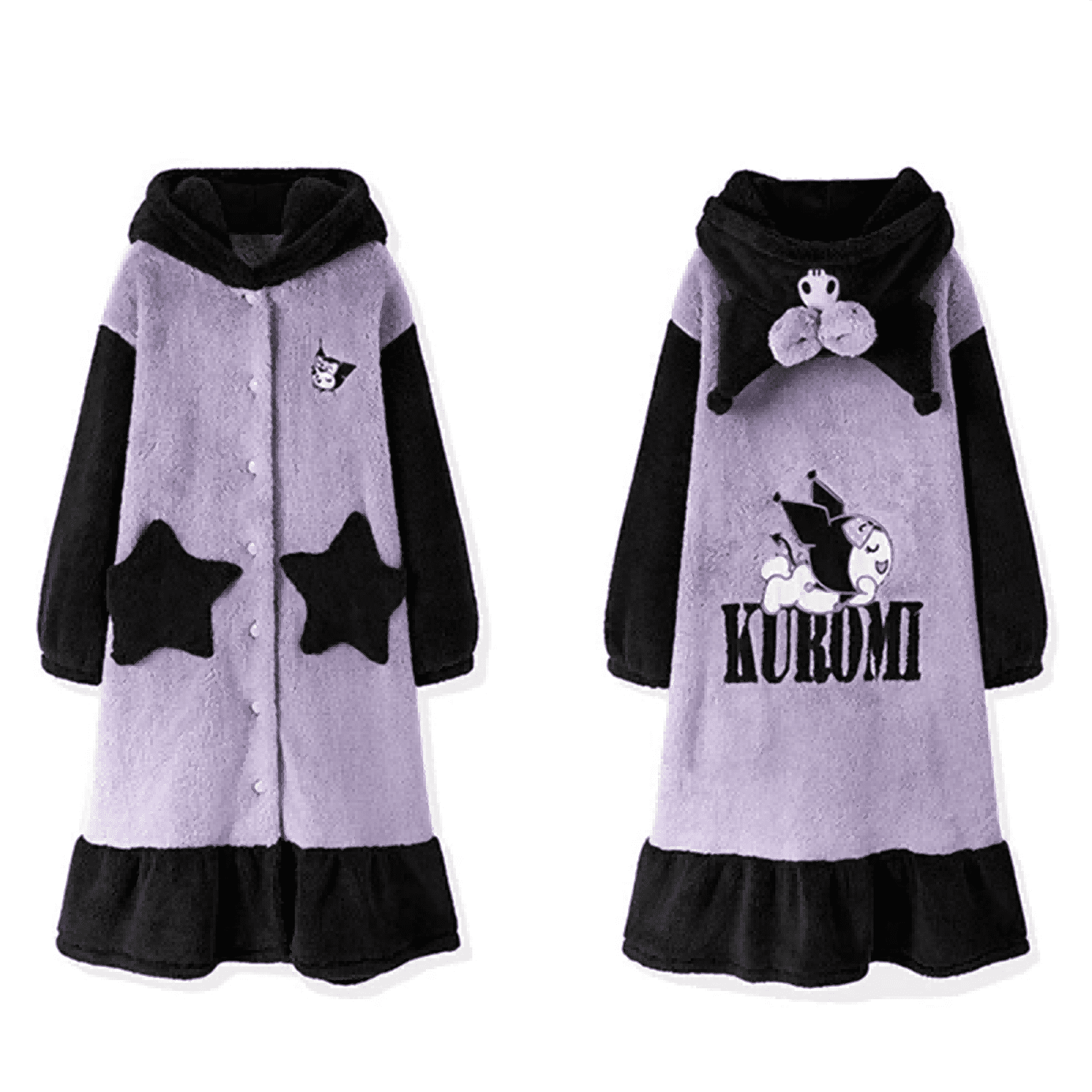 Kuromi Robe Plush Bathrobe for Women Girls Hooded Bathrobe Coat Plush ...