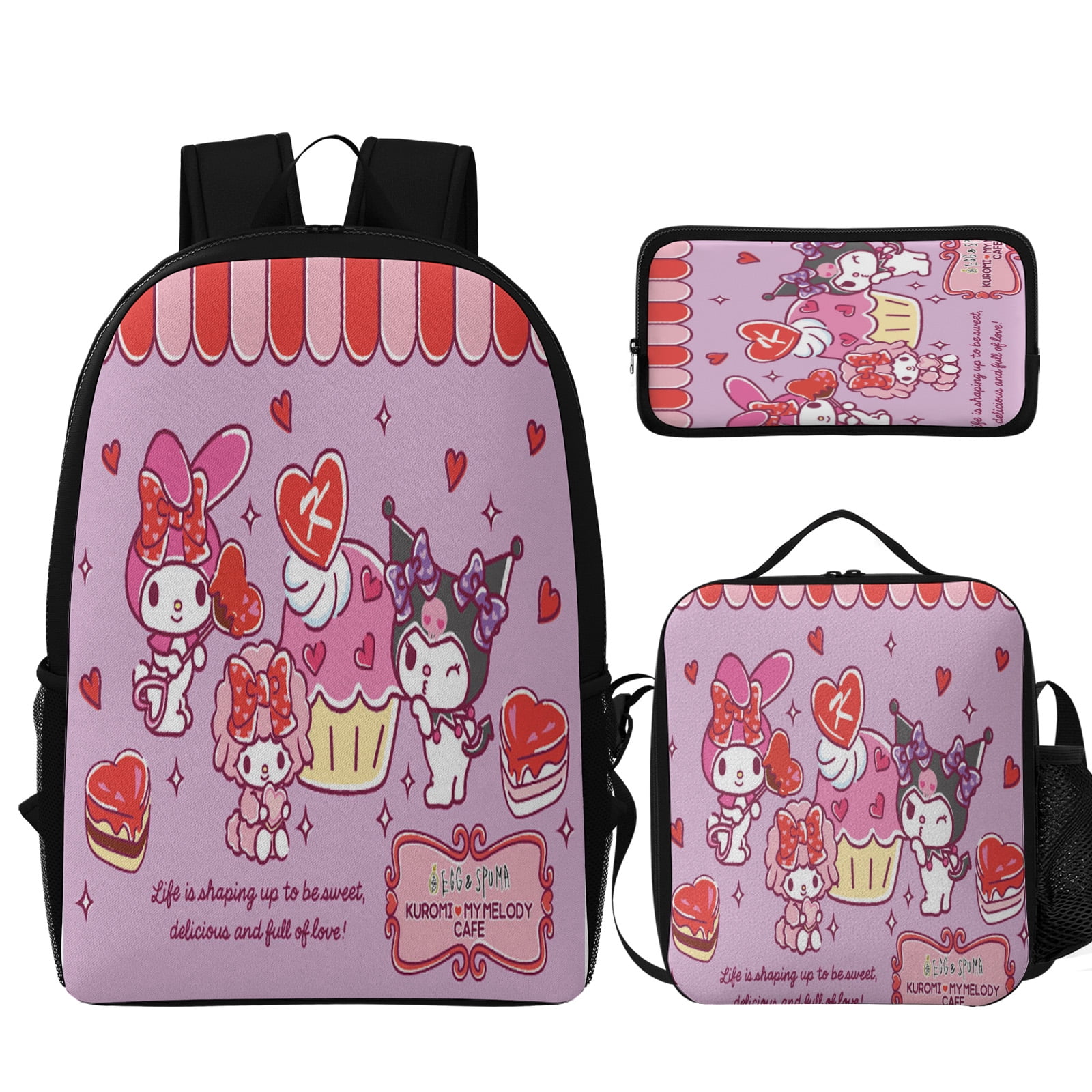 Kuromi Three piece backpack set for young lunch bag pencil case ...