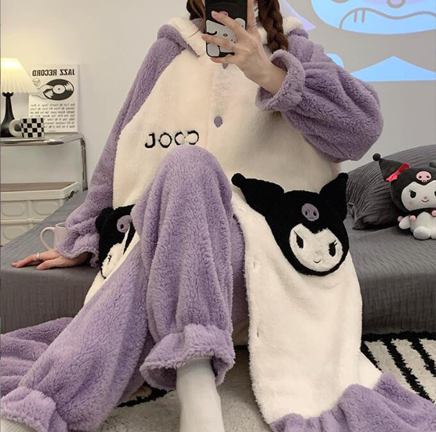 Kuromi fuzzy pajama set for women soft plush robe and fleece pants 2 ...