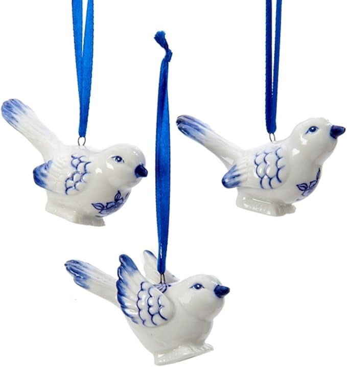 Kurt Adler 2" Porcelain Delft Blue Bird Ornaments Set Of 3 Assorted ...