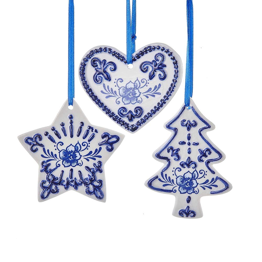 Kurt Adler Christmas 3" Porcelain Delft Blue Heart Tree Star Ornaments ...