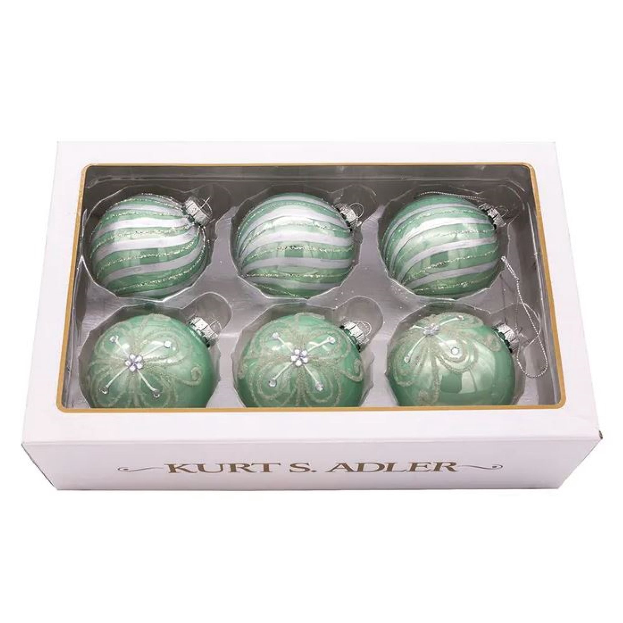 Kurt Adler Embellished Glass Ball Ornaments, Silver/Pale Aqua (6-Piece ...