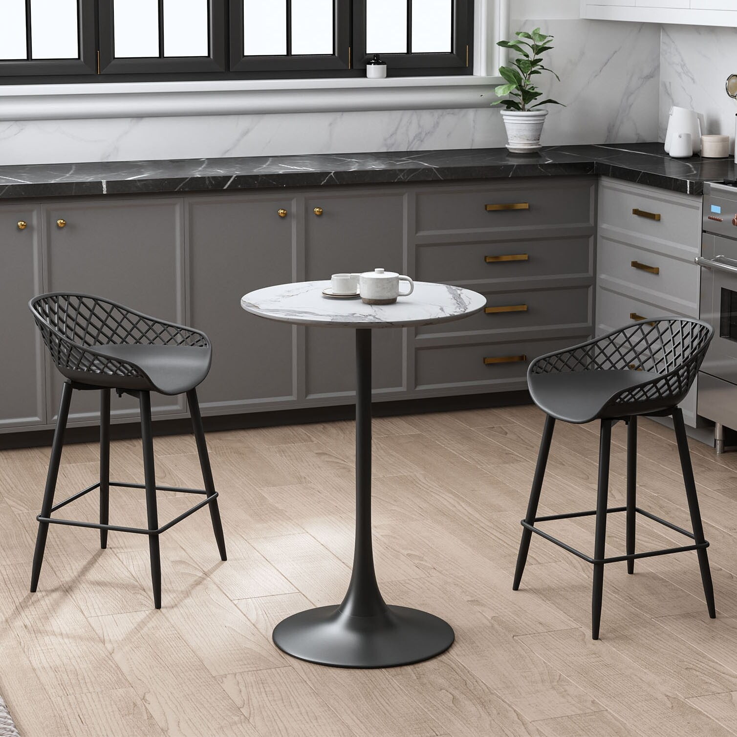 Kurv Mid-Century Modern 3-Piece Counter Height Café Set - White Faux ...