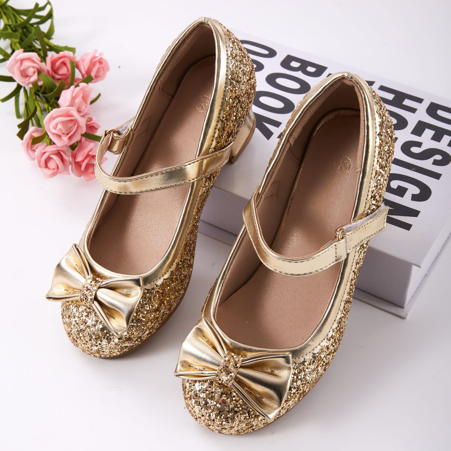 Kushyshoo Gold Girls Dress Shoes Mary Jane 1.5in Low Heel Pumps Wedding ...