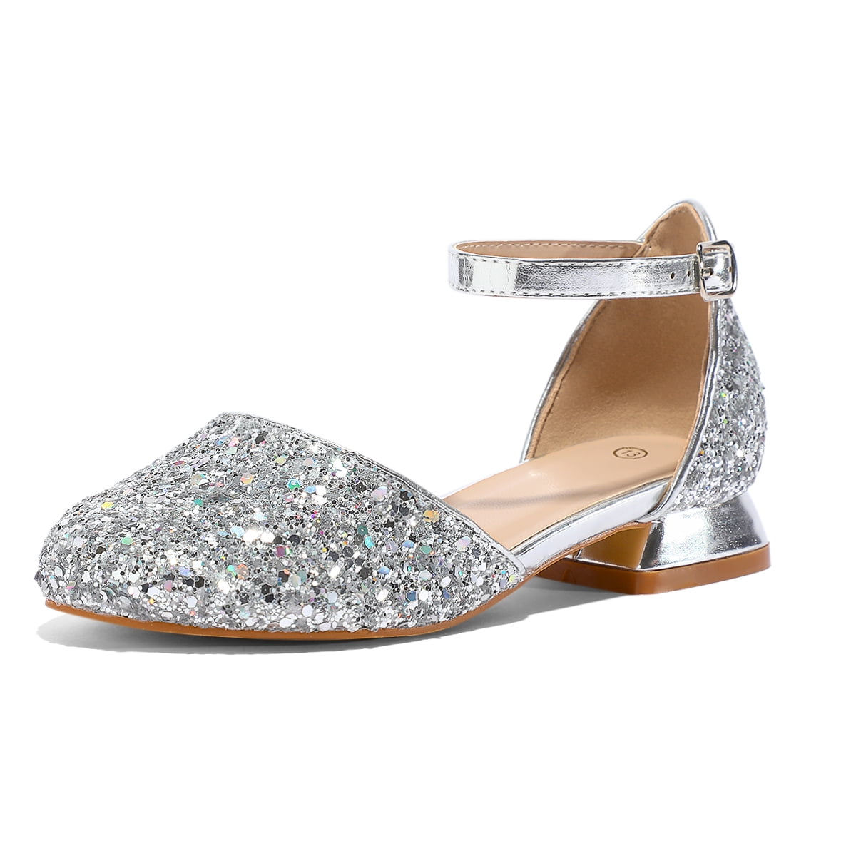 Kushyshoo Silver Girls Dress Shoes Mary Jane 1 inch Low Heel Pumps ...
