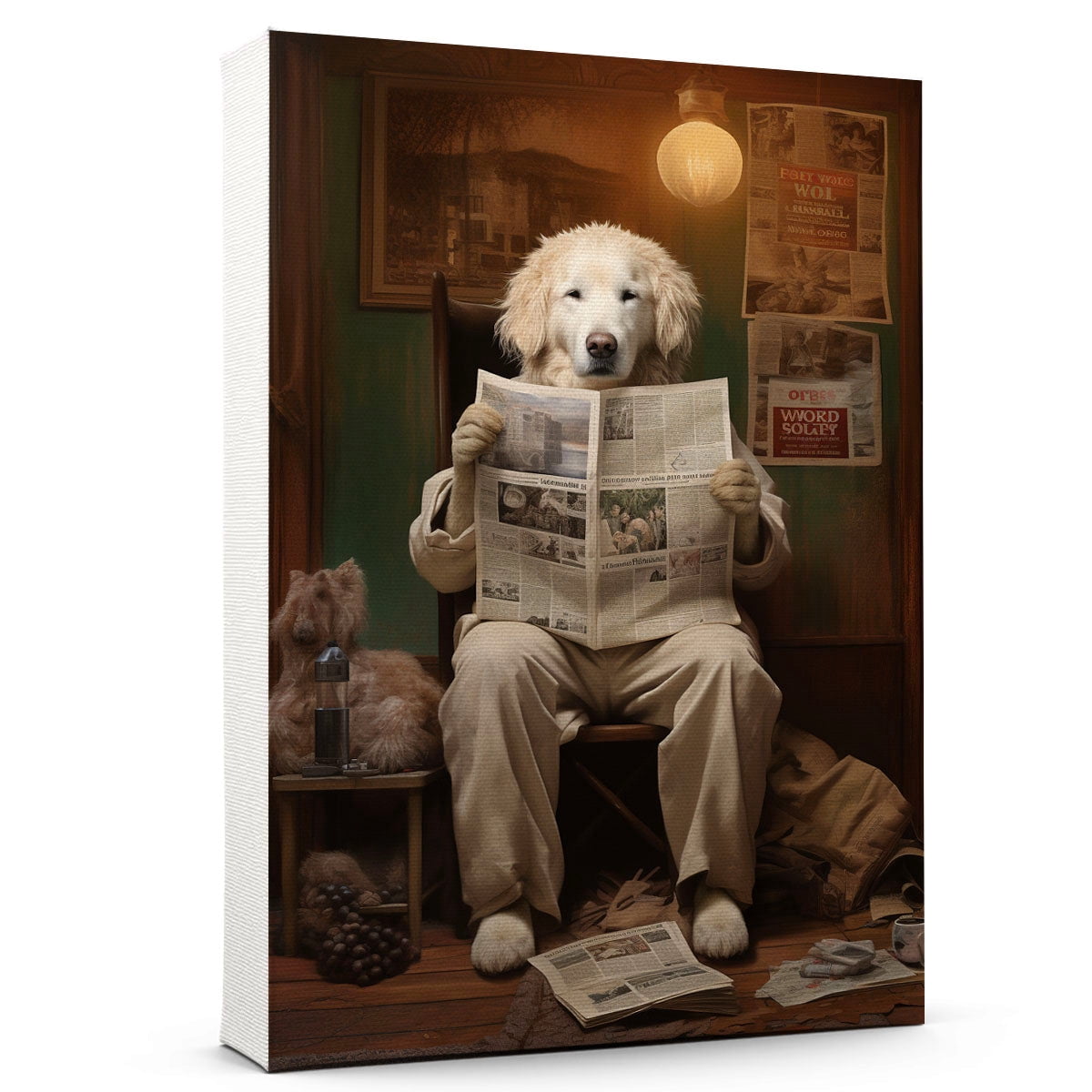 Kuvasz Dog Read Newspapers Sitting Poster Prints on Canvas - Wall Decor ...