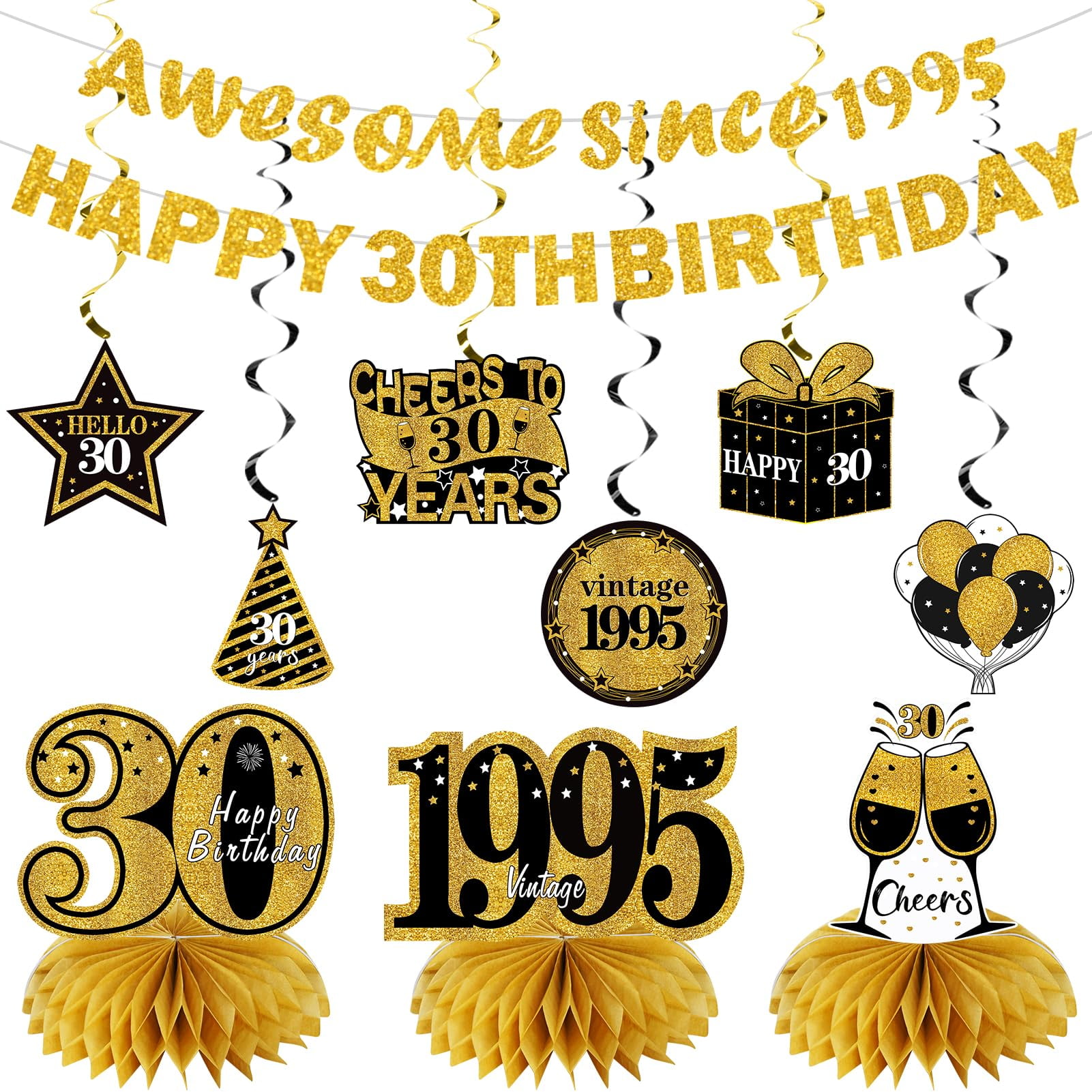 Kuxriox 11Pcs 30thTRDN Birthday Decorations Kit for Men Women, Gold ...