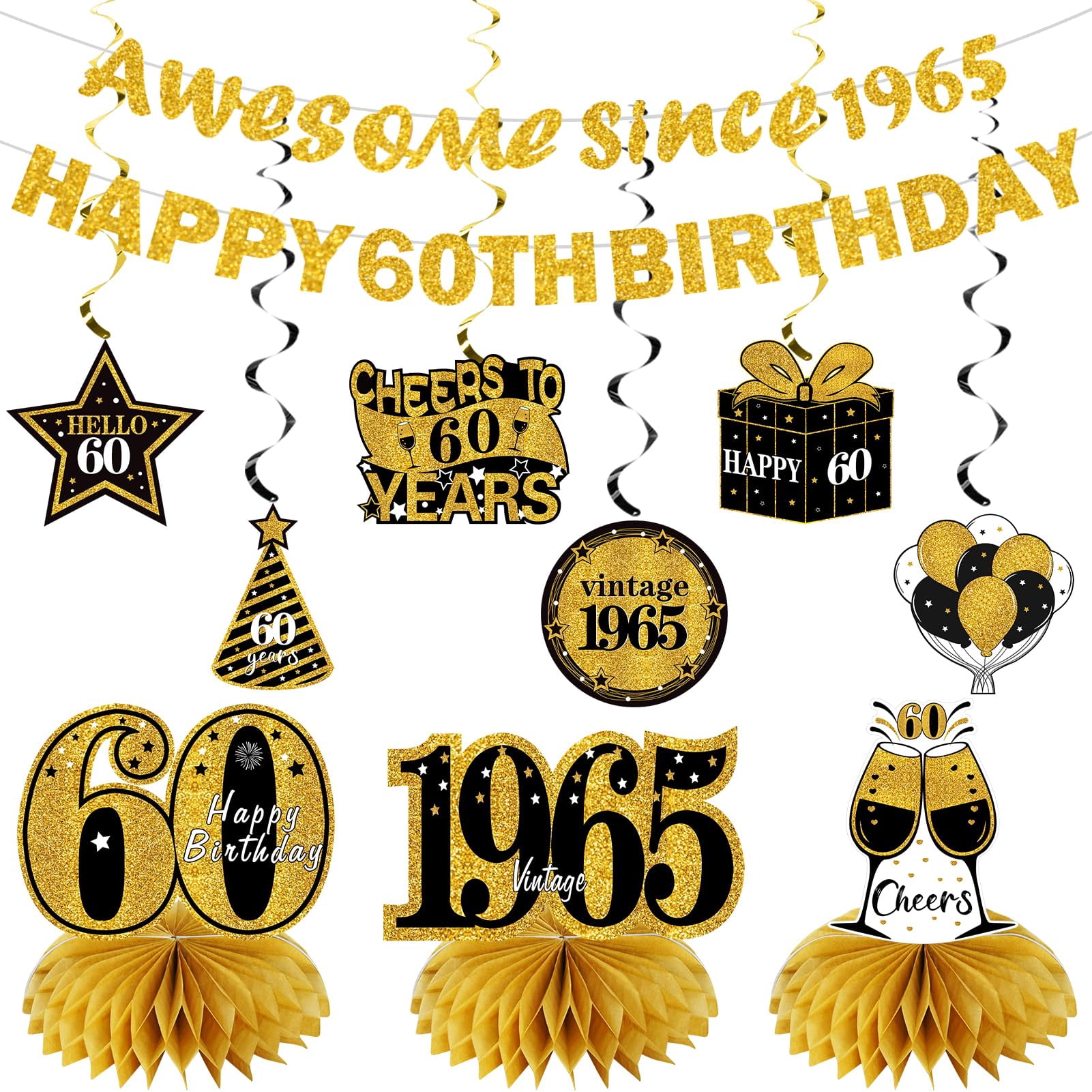 Kuxriox 11Pcs 60th Birthday Decorations Kit for KMC2Men Black Gold ...