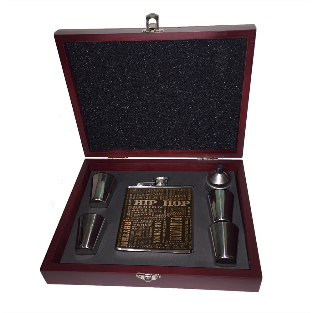 KuzmarK 6 oz. Leather Flask Set in Rose Wood Presentation Box - Hip Hop ...