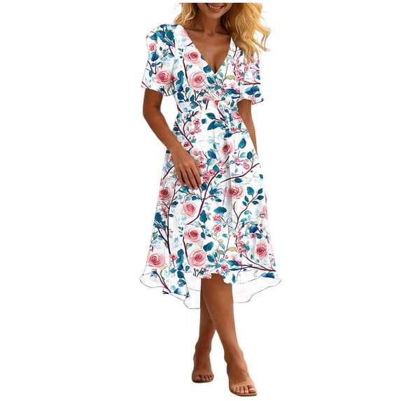 Kvture Women's Short Sleeve Dresses Graphic V Neck Waist Tie-up Flowy ...