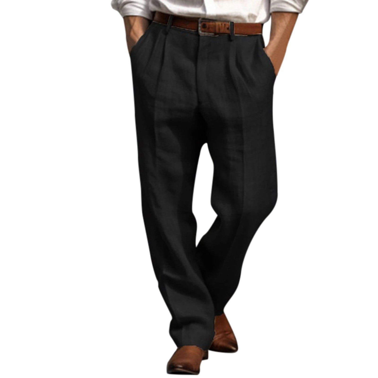 Kwasome Men'S Pants Solid Color Front Pocket Fold Wide Leg Elastic ...