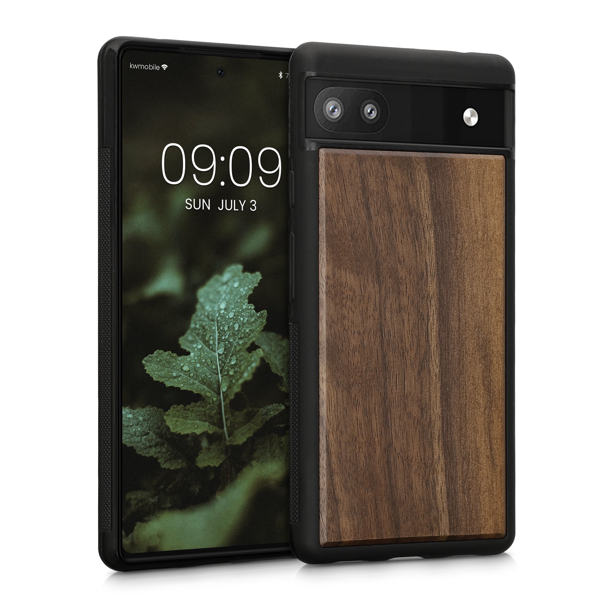 (2 pack) Kwmobile Real Wood Case for Google Pixel 6a - Dark Brown Wooden Cover with TPU Bumper ...