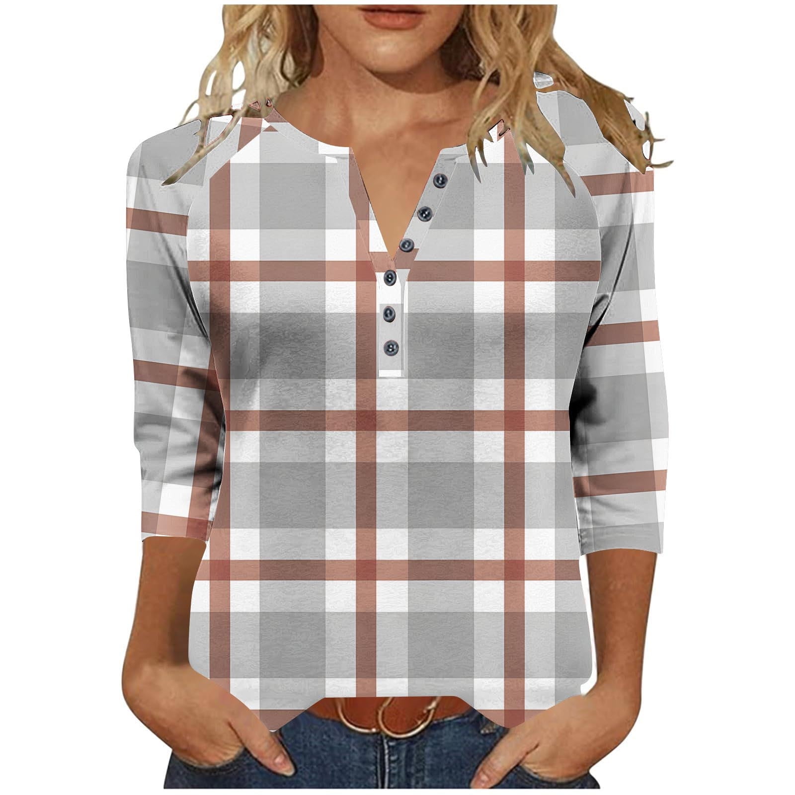 KyCheLot 3/4 Sleeve Tops for Women Color Block Casual V Neck Button up ...