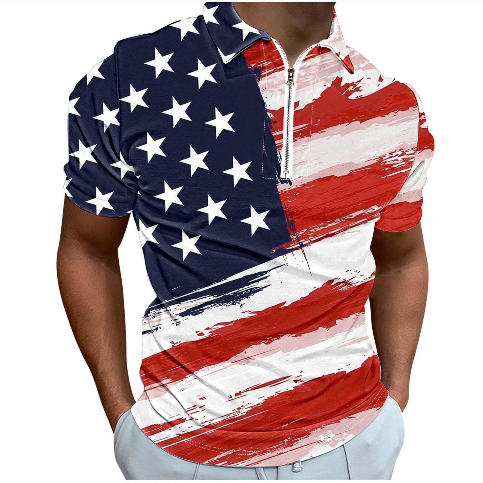 KyCheLot 4th of July Tops for Men Plus Size Short Sleeve Zip up Flag Printed Wicking Collared ...