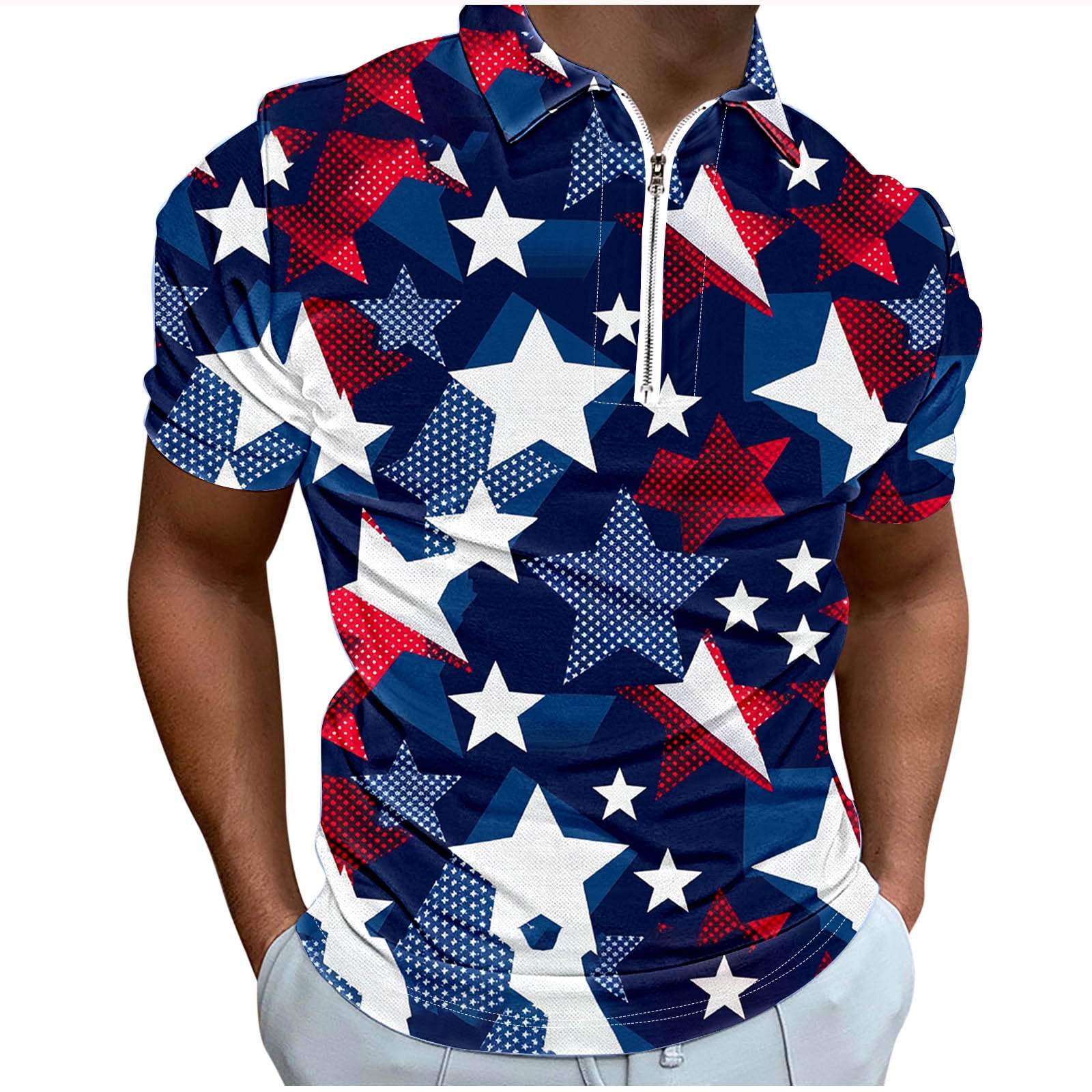 KyCheLot 4th of July Tops for Men Plus Size Short Sleeve Zip up Flag Printed Wicking Collared ...