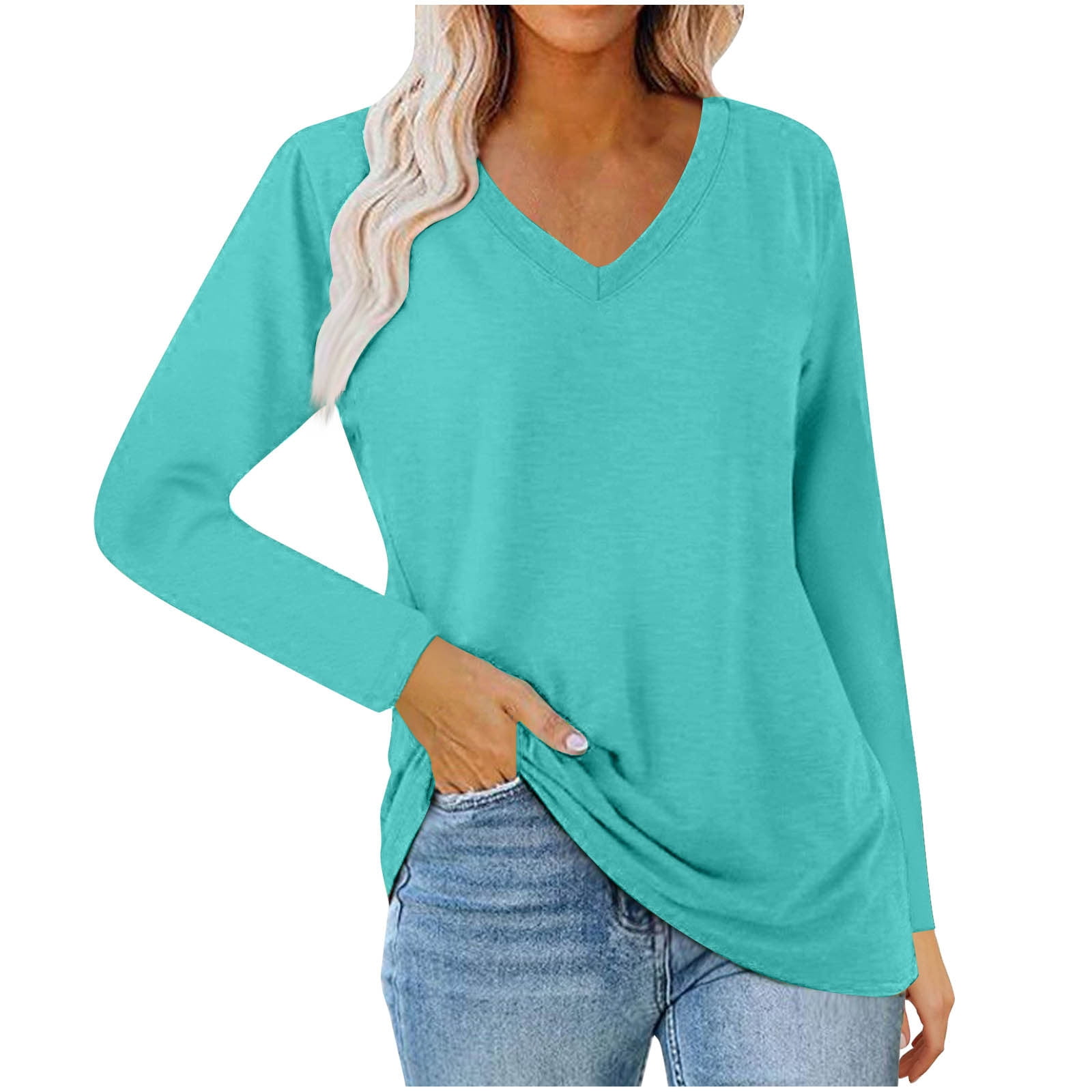 KyCheLot Casual Tshirts for Women Trendy V Neck Long Sleeve Solid Color ...