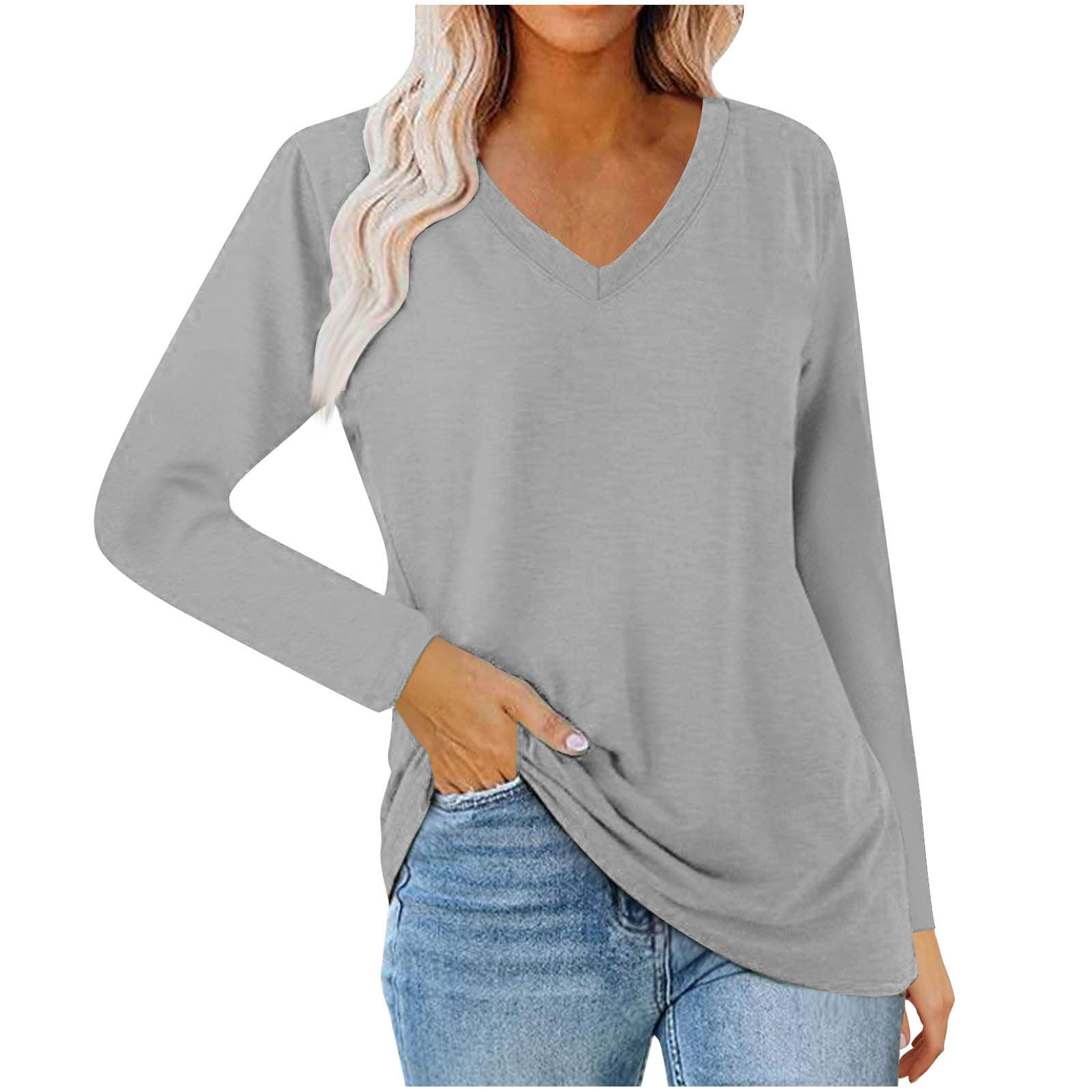 KyCheLot Casual Tshirts for Women Trendy V Neck Long Sleeve Solid Color ...
