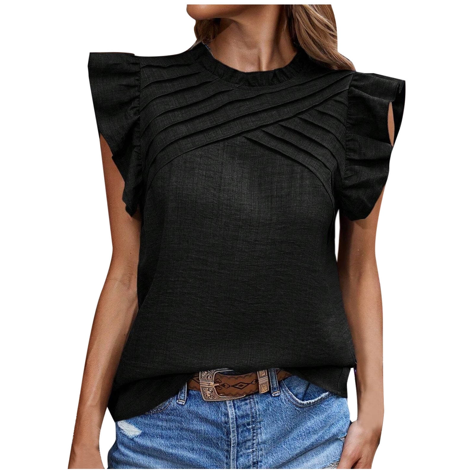 KyCheLot Ruffle Cap Sleeve Tops for Women Pleated Tank Tops Loose ...
