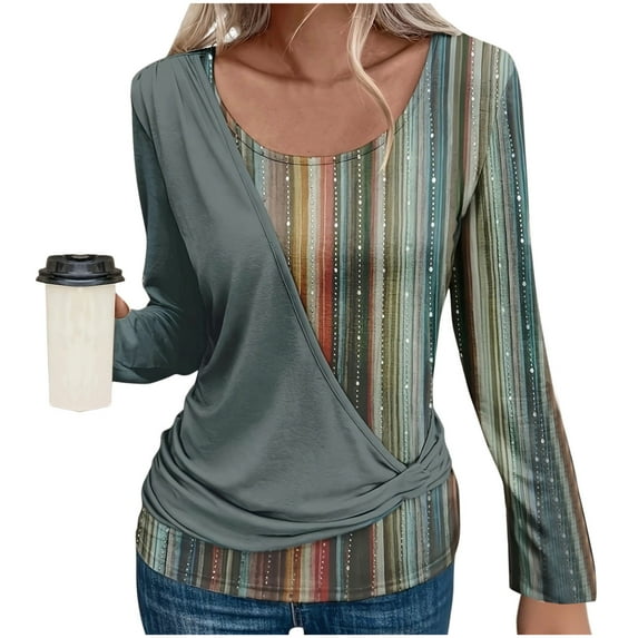 KyCheLot Women's Elegant Long Sleeve Shirts Ruched Colorful Print ...