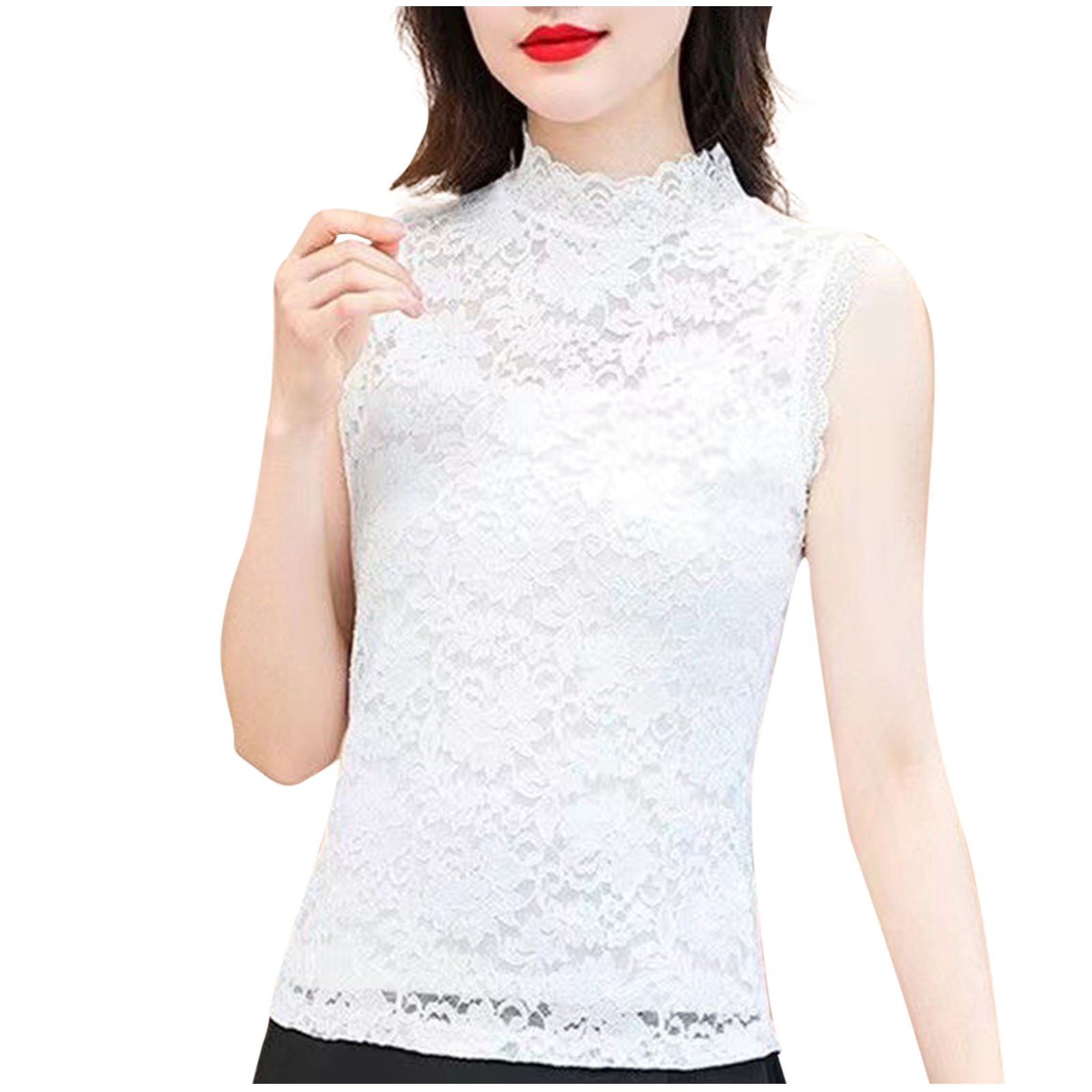 KyCheLot Women's Lace Tank Tops Turtleneck Slim Crop Tops Elegant ...
