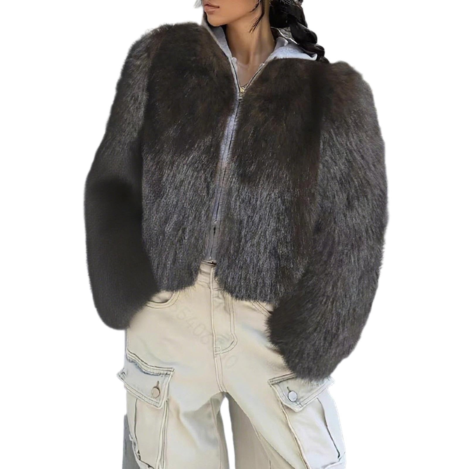KyCheLot Womens Fuzzy Coats Trendy Crop Long Sleeve Soft Lined Warm ...