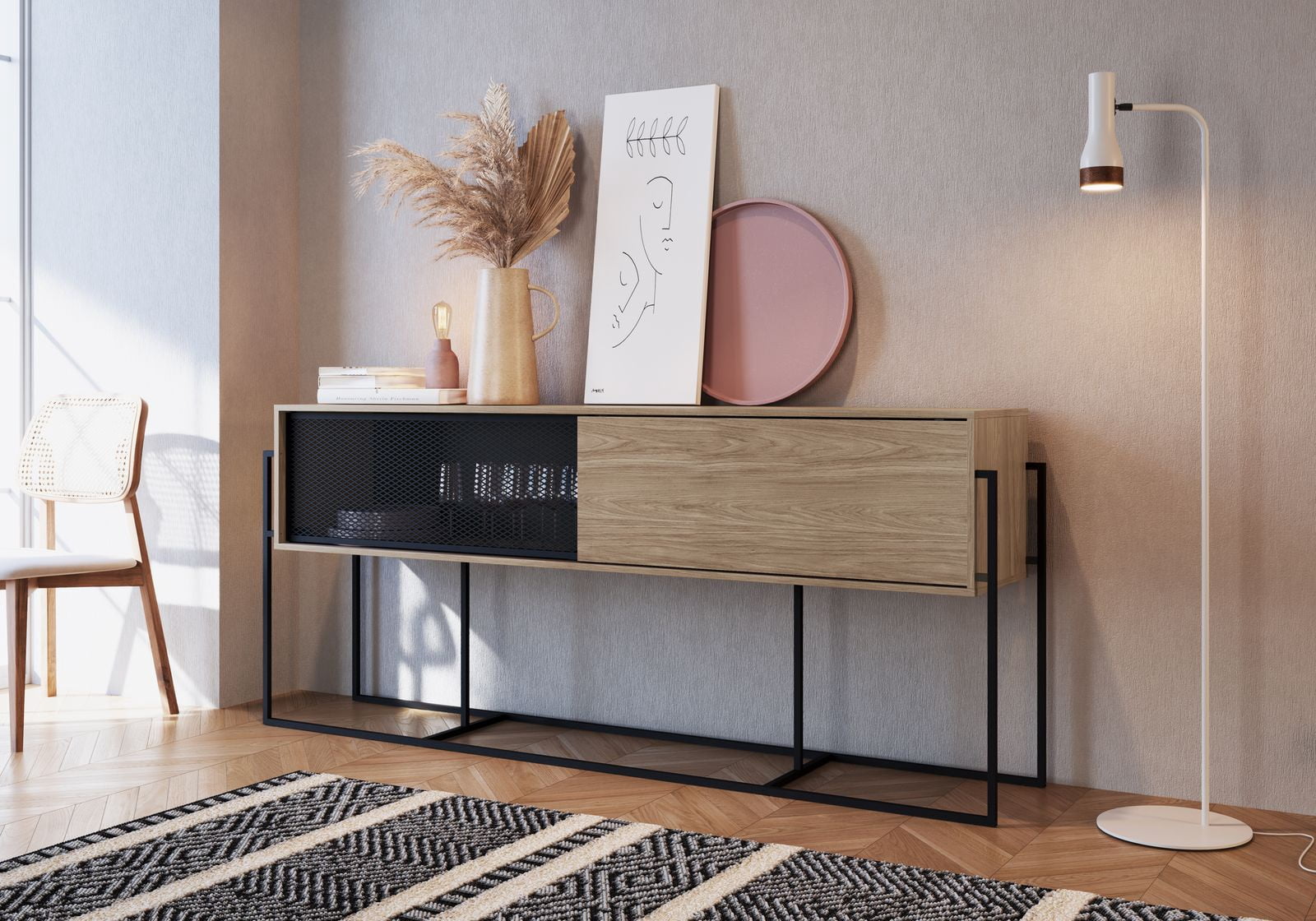 Kybele Sideboard Console Table - Black Iron Legs & Sliding Door ...