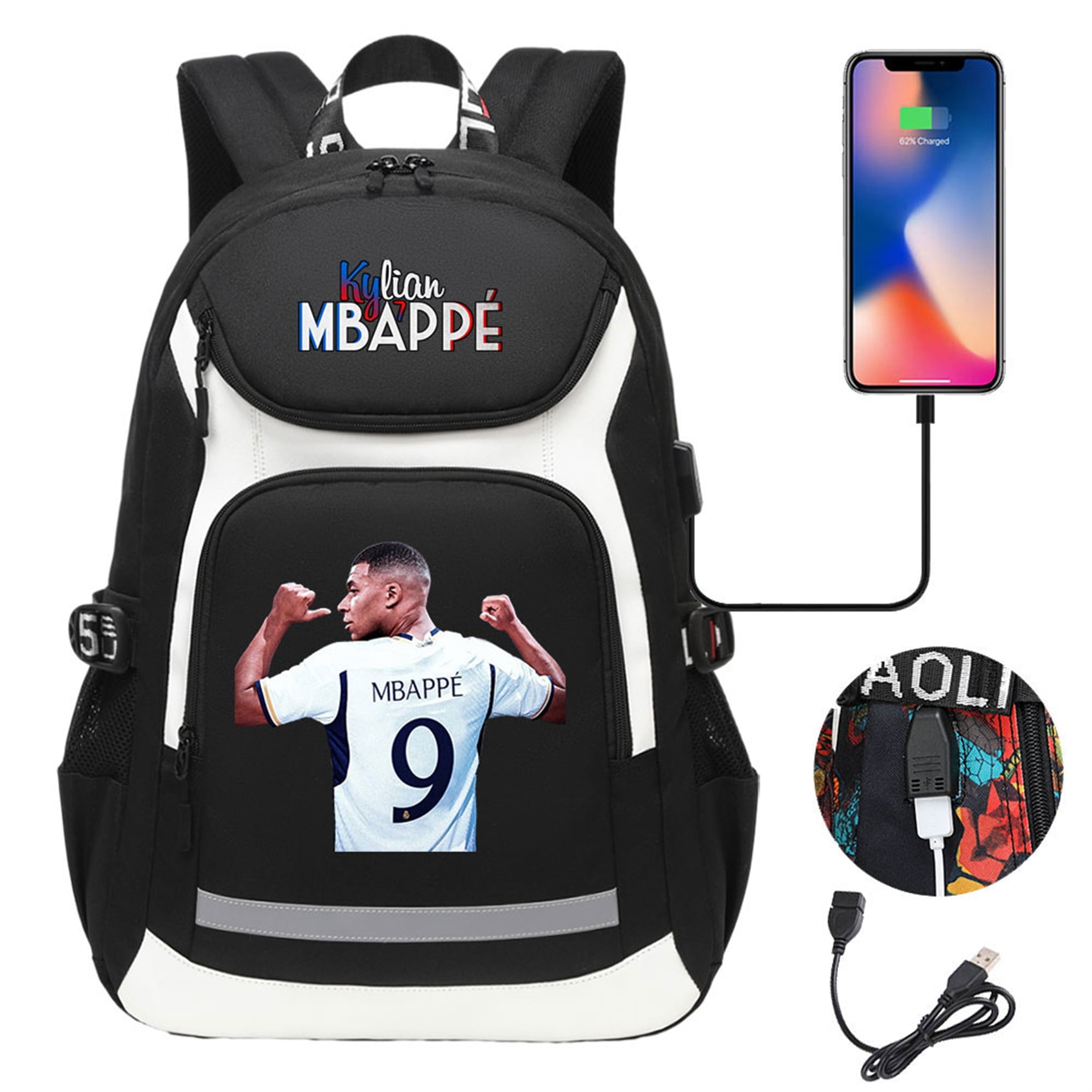 Kylian Mbappe Teen Backpack with USB Charging Port-Multifunction Back ...