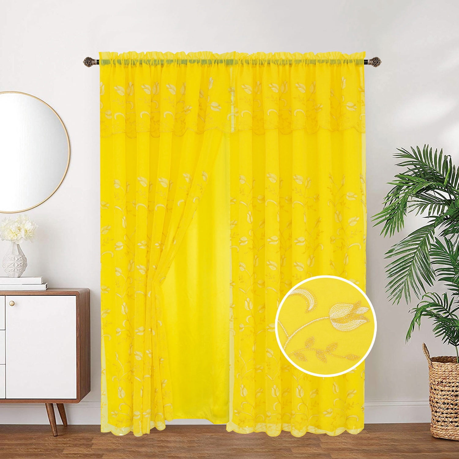 Kylie Embroidered Rod Pocket Window Panel with Attached Valance and ...