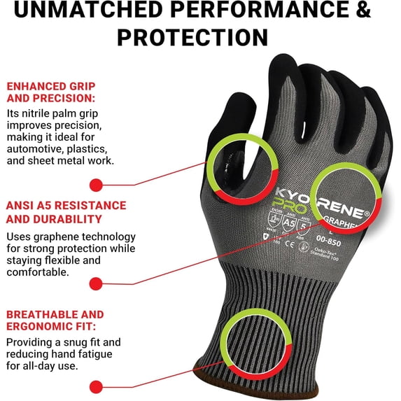 Kyorene Pro 00-850 A5 Cut Resistant Work Gloves - Graphene, Nitrile ...