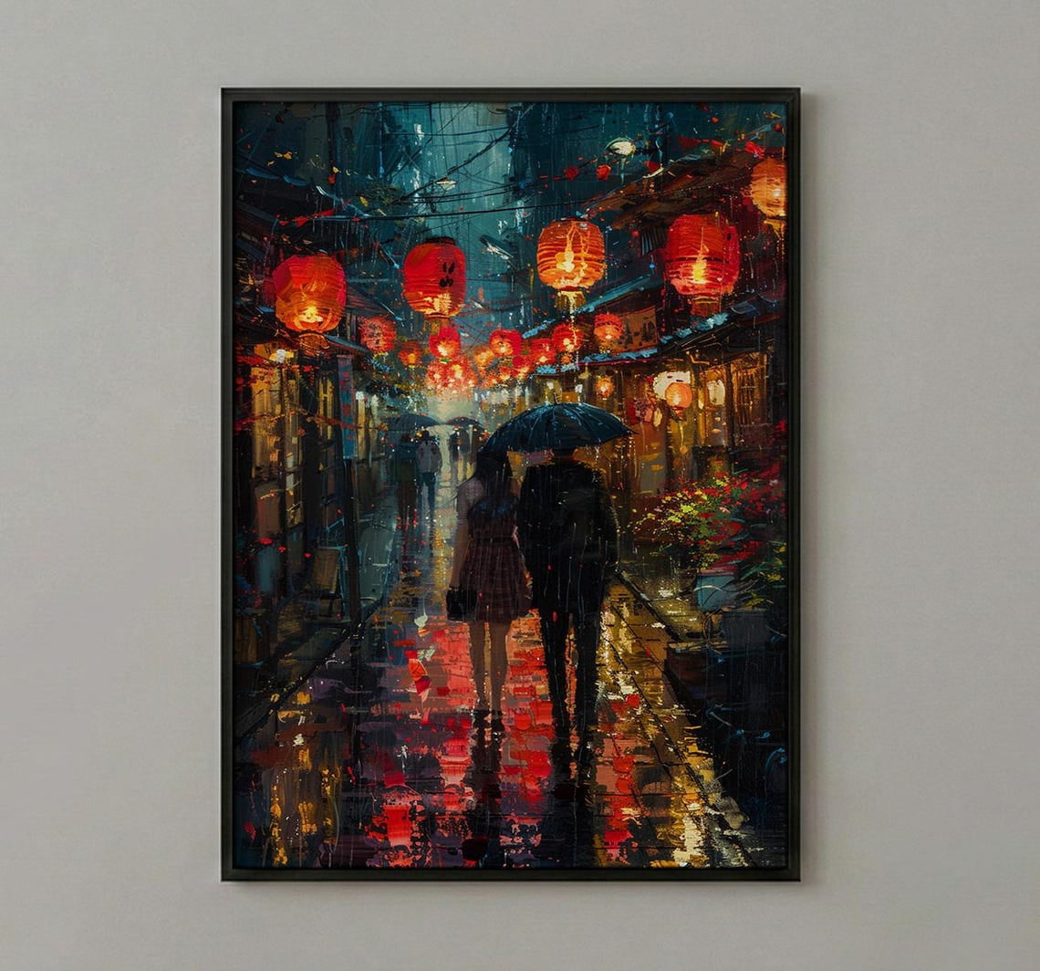 Kyoto Street Japan Night Rainy Cityscape Impasto Red Lanterns Moody ...