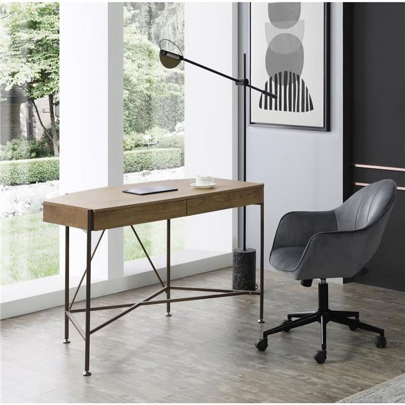 Kyran Wooden Desk Natural/Bronze 44.8L x 22.1W x 30H 2 Storage Drawers ...