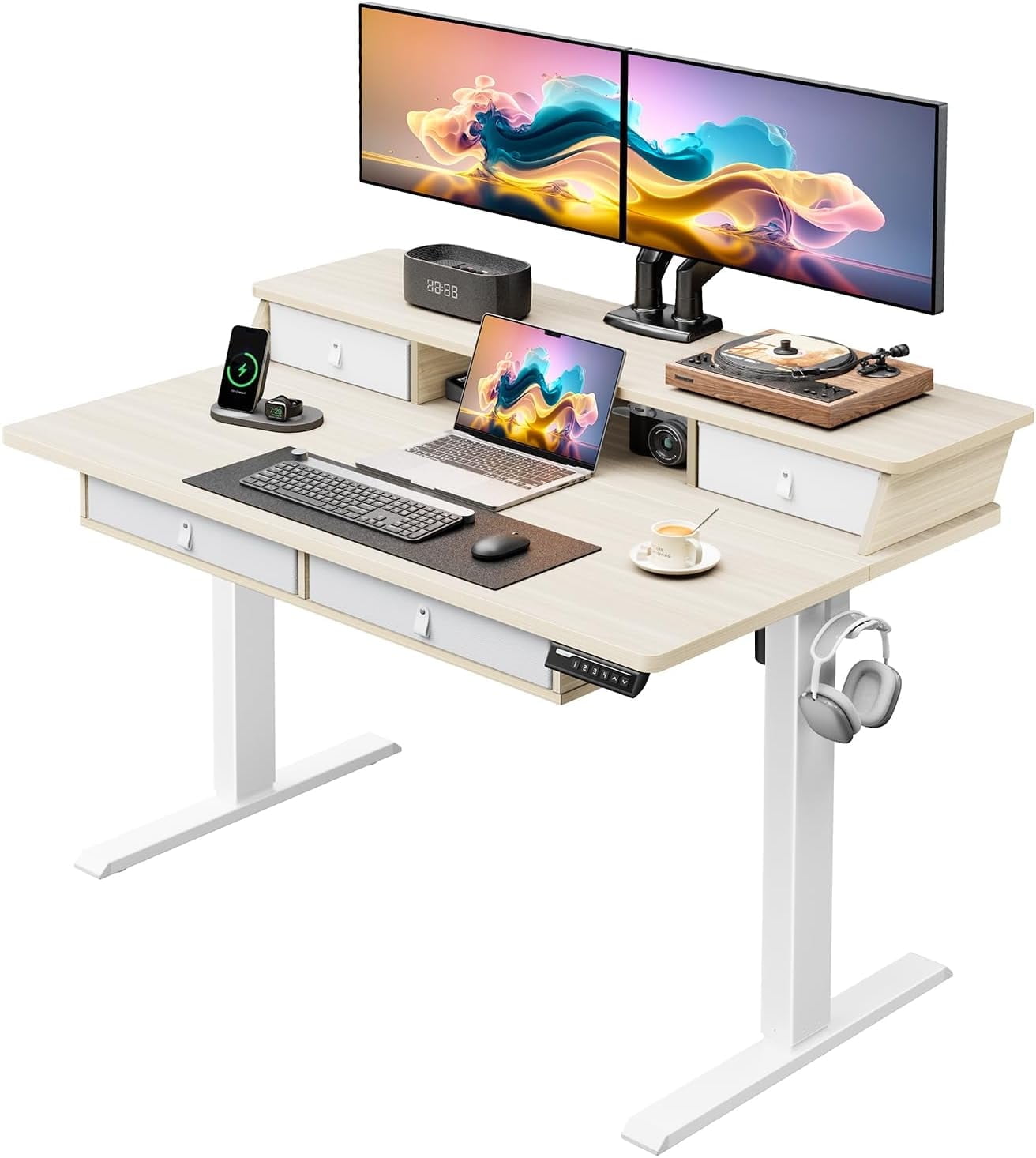 Kyspho 48″ x 30″ Standing Desk with Drawers, Electric Height Adjustable ...