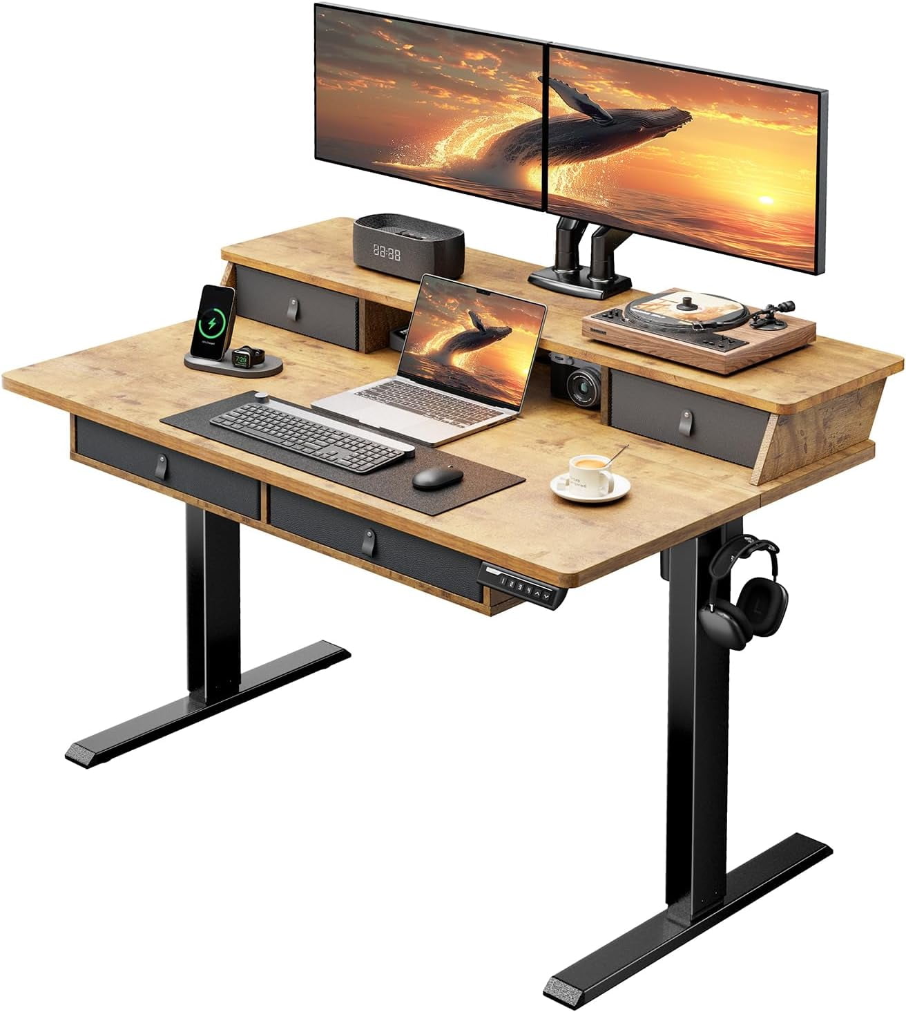 Kyspho 48″ x 30″ Standing Desk with Drawers, Electric Height Adjustable ...