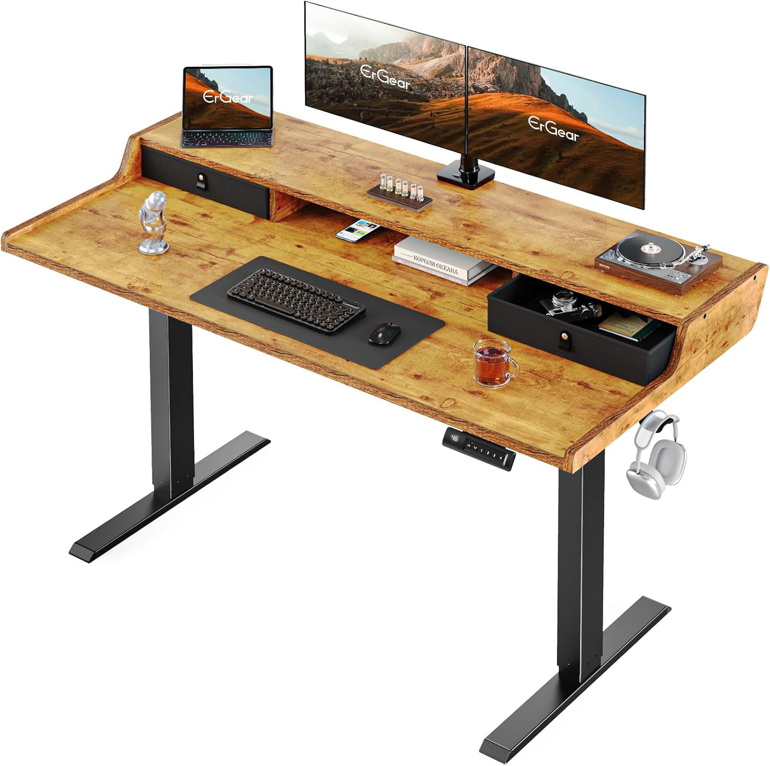Kyspho 55″ x 28″ Electric Standing Desk with Drawers, Height Adjustable ...