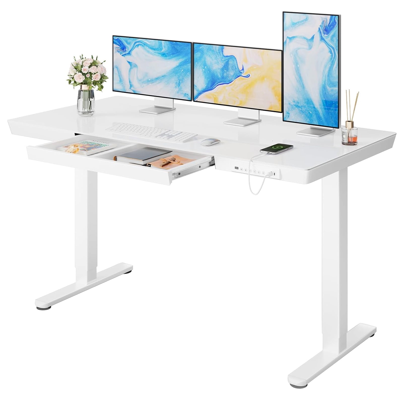 Kyspho 55" x 28" One Piece Glass Top Standing Desk with Drawer ...