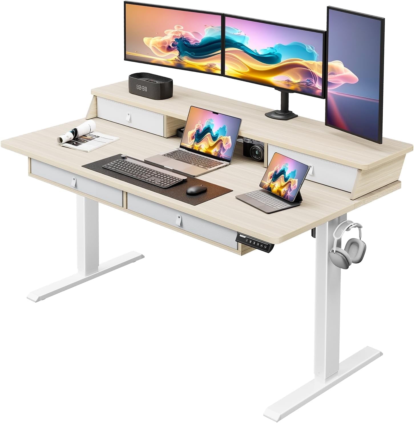 Kyspho 55″ x 30″ Standing Desk with Drawers, Electric Height Adjustable ...