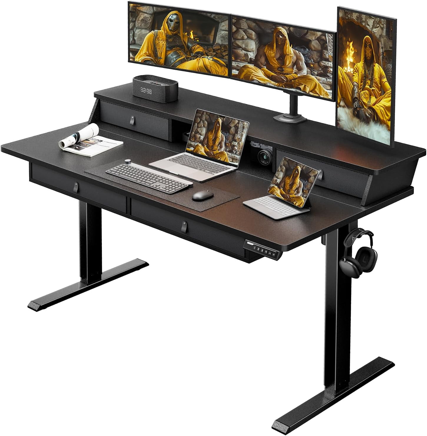 Kyspho 55″ x 30″ Standing Desk with Drawers, Electric Height Adjustable ...