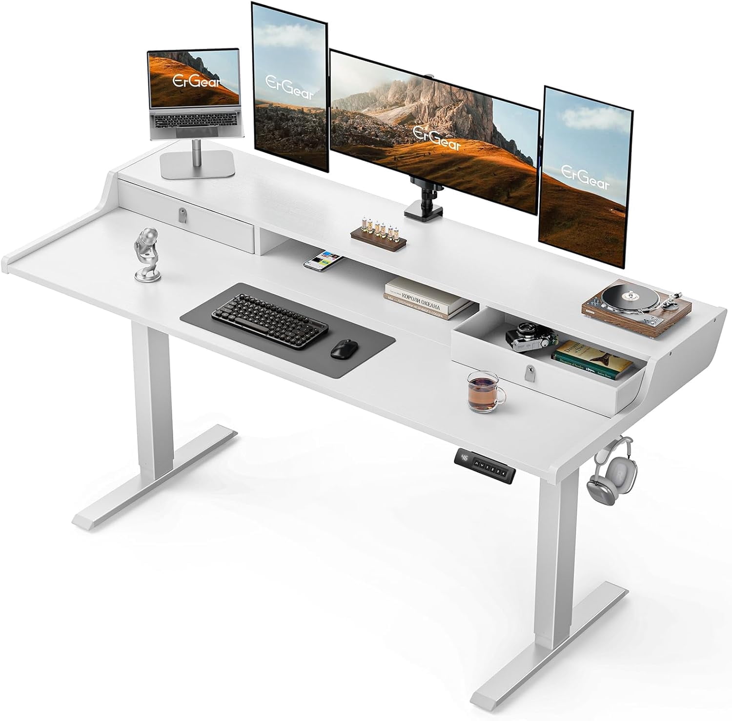Kyspho 63"x28" Electric Standing Desk with Drawers & Monitor Stand ...